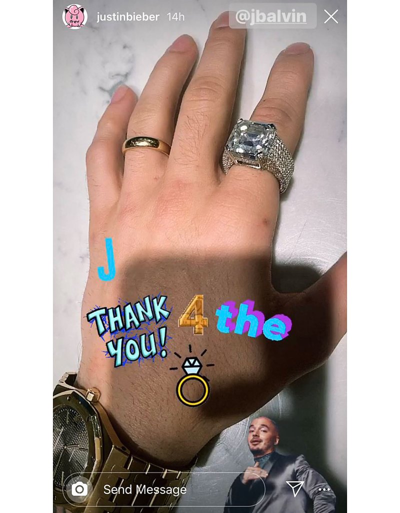 Justin Bieber Shows Off J Balvin Diamond Ring Gift | Us Weekly