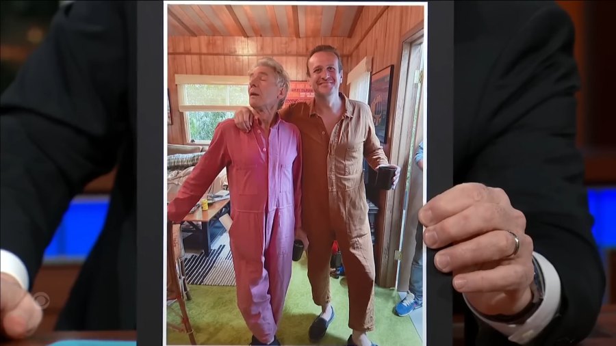 Harrison Ford Surprised Jason Segel on Golf Cart in Pink Jumpsuit | Us ...