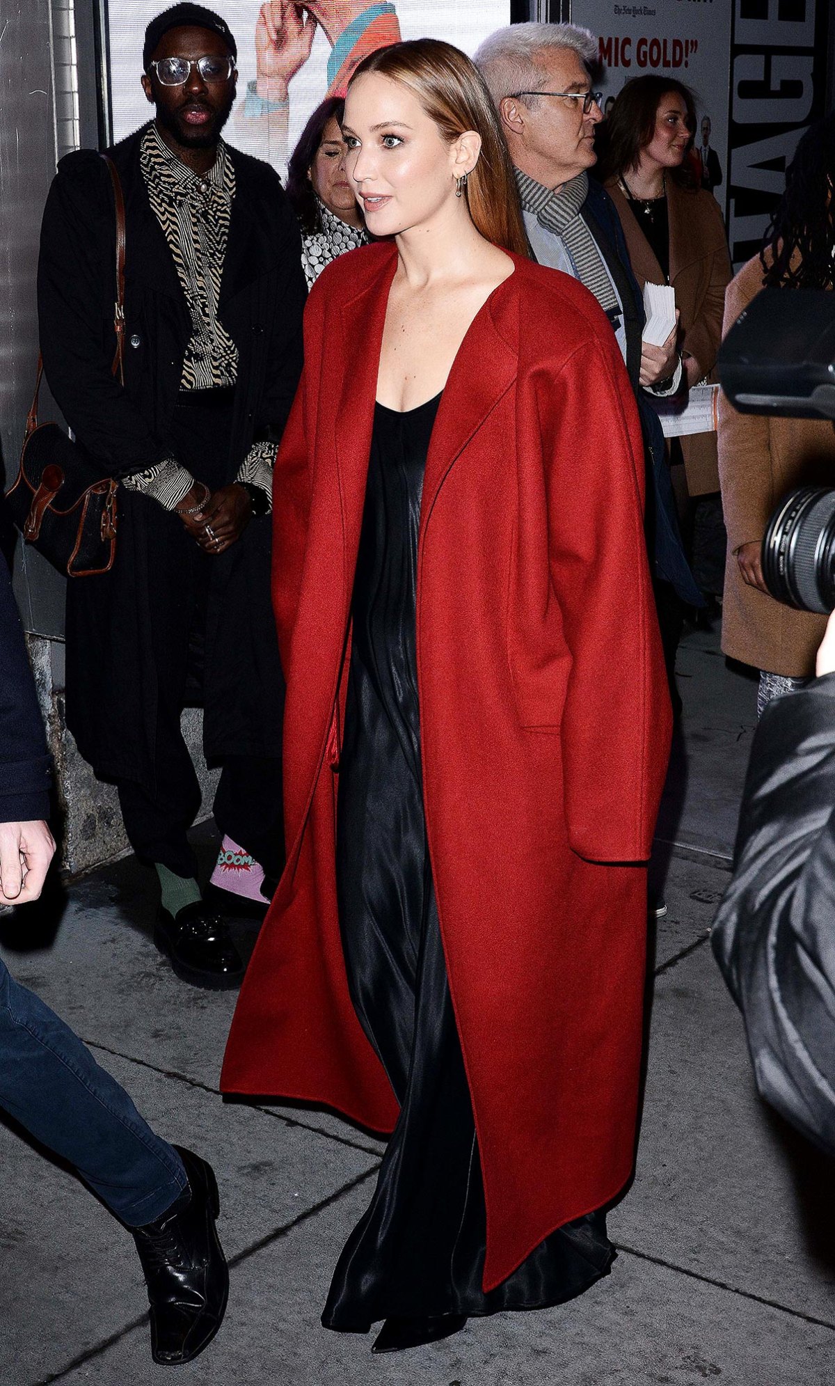 Jennifer Lawrence Wears Festive Red Coat to Broadway’s ‘Appropriate ...
