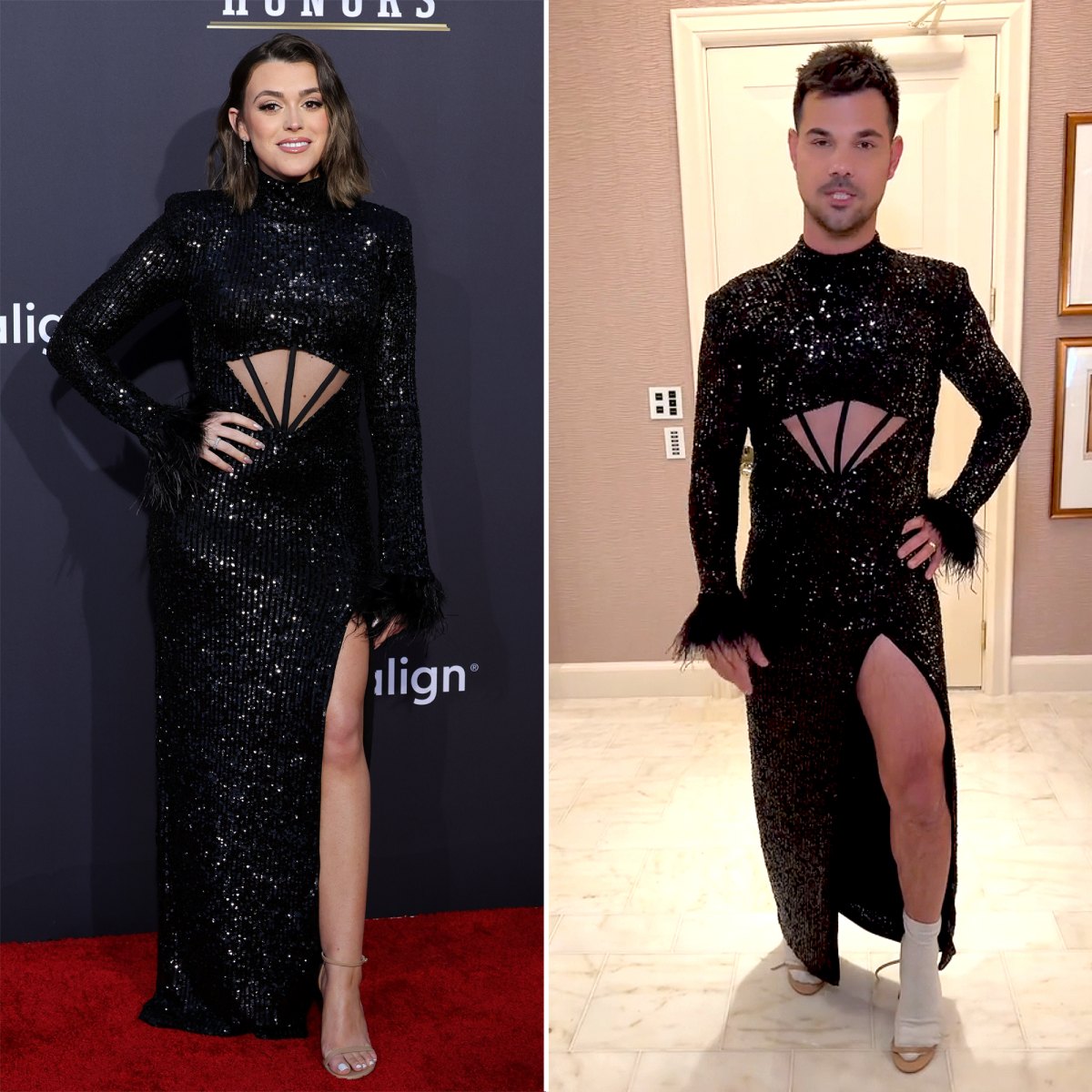 Taylor Lautner Tries on Wife Tay Lautner’s NFL Honors Dress | Us Weekly