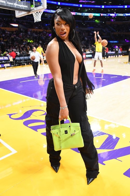 Megan Thee Stallion Rocks Plunging Top and Neon Birkin at Lakers Game ...