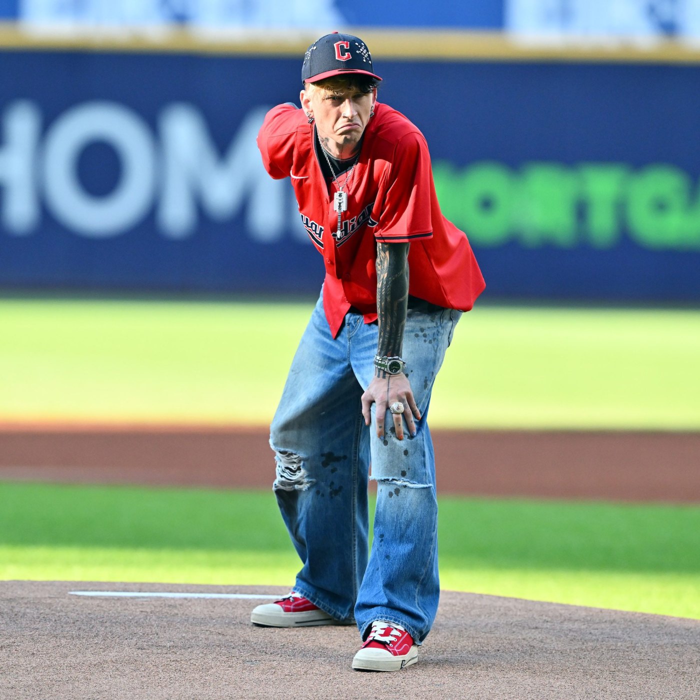 Machine Gun Kelly Throws Wild First Pitch Into Stands at MLB Game | Us ...