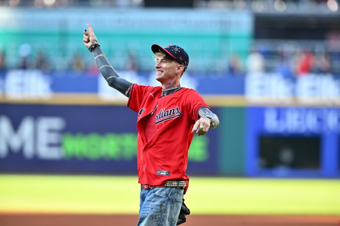 Machine Gun Kelly Throws Wild First Pitch Into Stands at MLB Game | Us ...