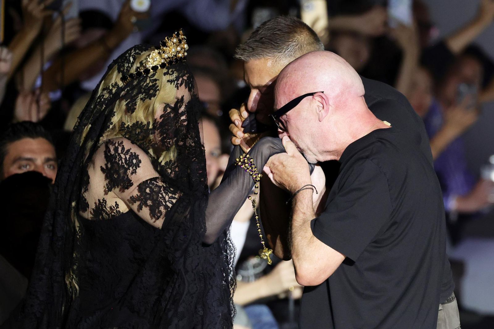 Madonna Sports Gold Crown for Dolce & Gabbana Milan Fashion Week Show ...