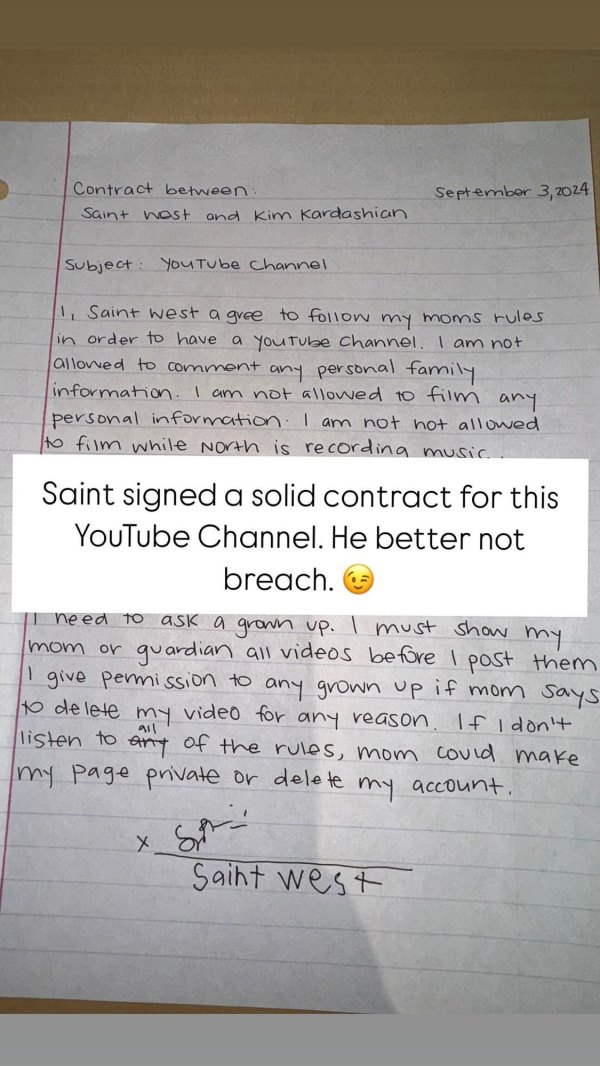Kim Kardashian Makes Son Saint Sign Contract to Start YouTube Channel ...