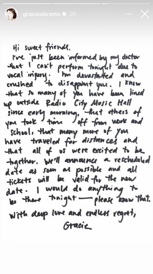 Gracie Abrams Cancels NYC Concert Due to Vocal Injury | Us Weekly