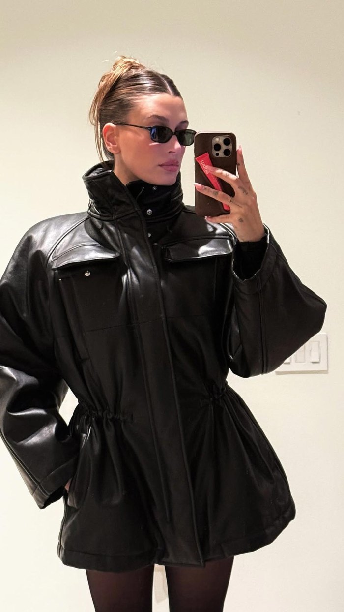 Hailey Bieber Wears Fit-and-Flare Leather Coat Dress on Date Night | Us ...