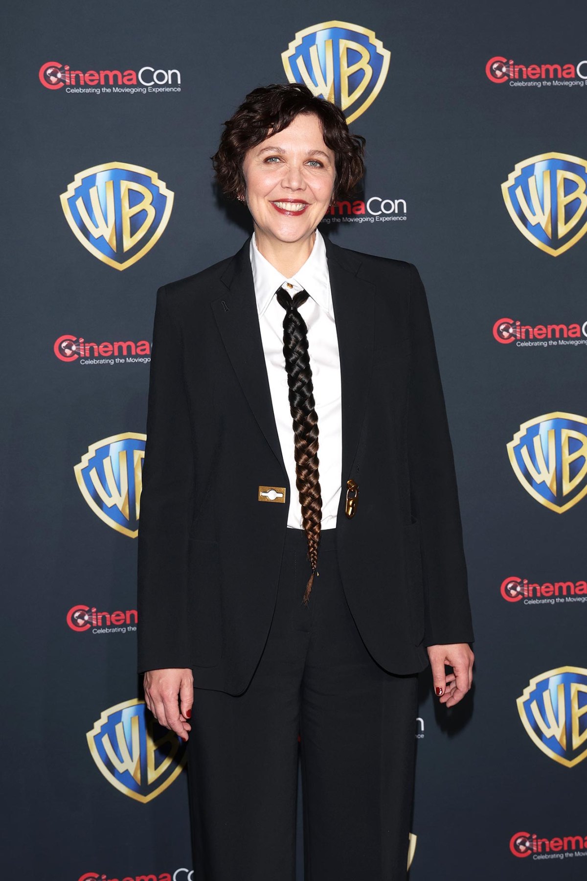 Maggie Gyllenhaal Accessories Her Suit With a Hair Braid as a Tie | Us ...