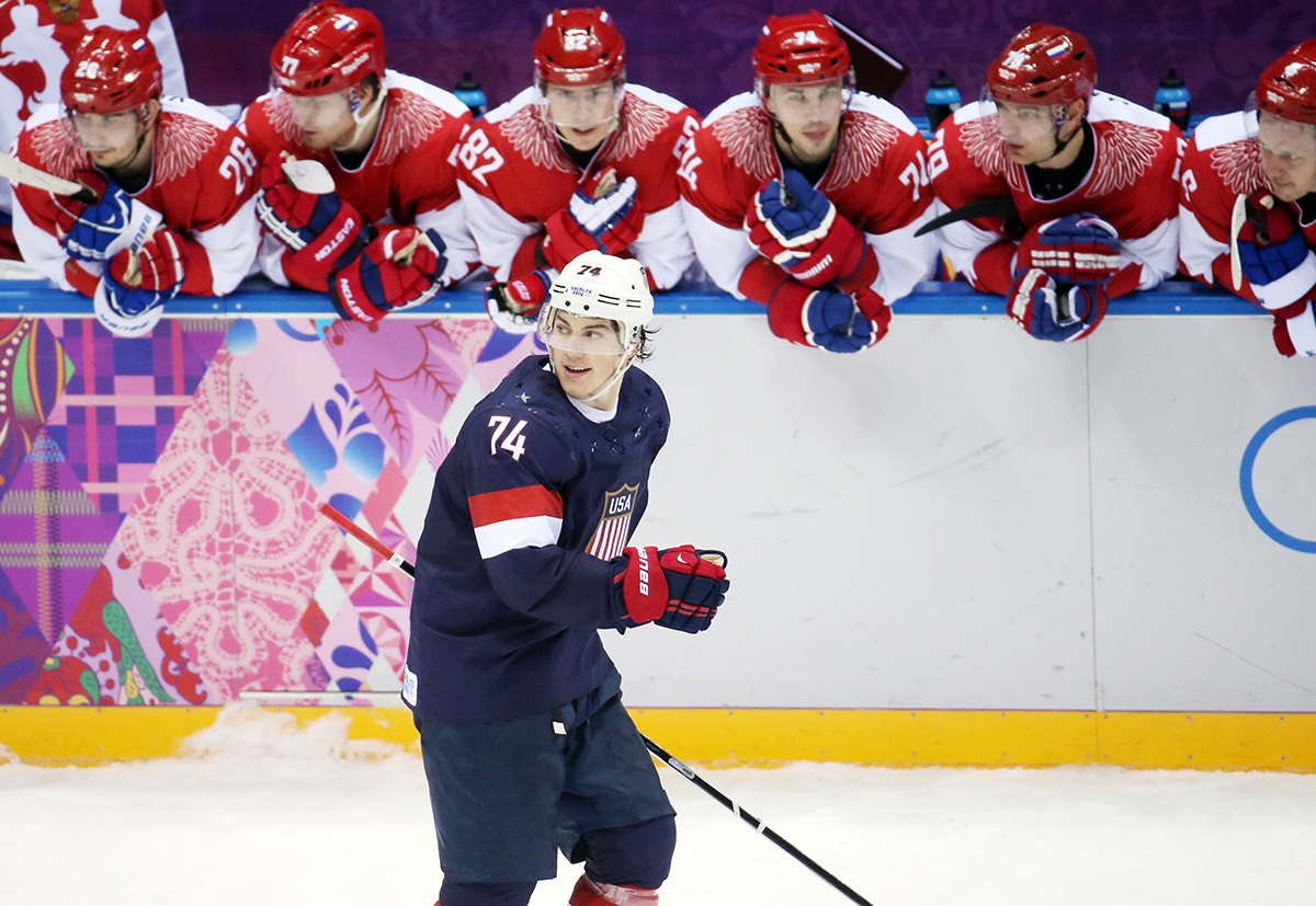 U.S. Hockey Player T.J. Oshie Scores the Winning Goal Against Russia