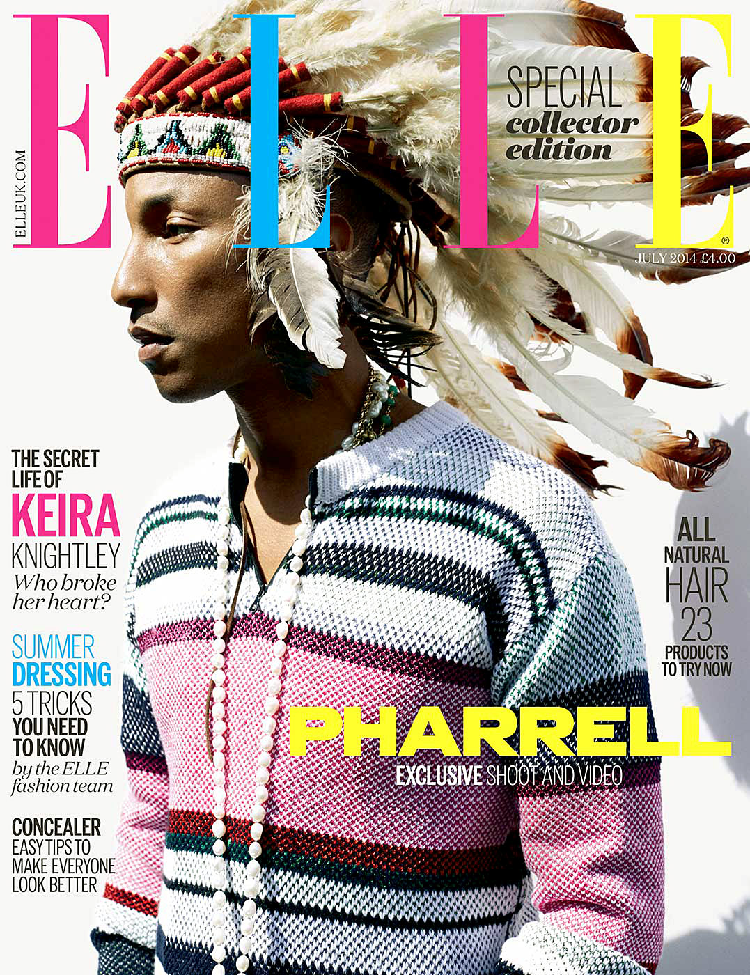 Pharrell Williams Covers Elle UK in Native American Headdress